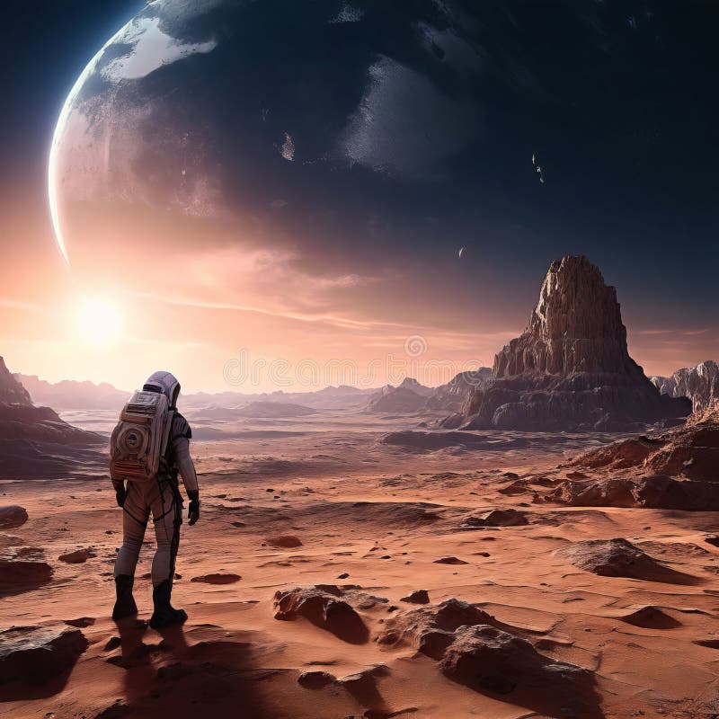 A Space Explorer Discovering a Lost Alien Civilization on a Des Stock ...