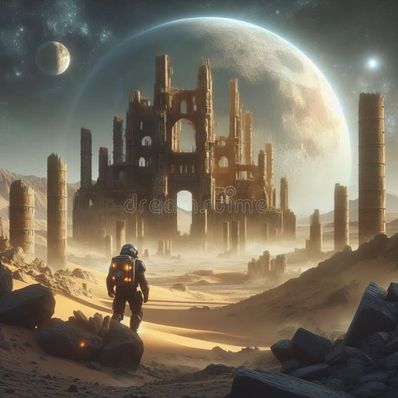 A Space Explorer Discovering a Lost Alien Civilization on a Des Stock ...