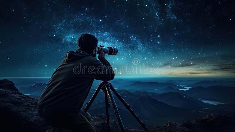 Space Explorer Looking through Telescope Stock Photo - Image of dark ...
