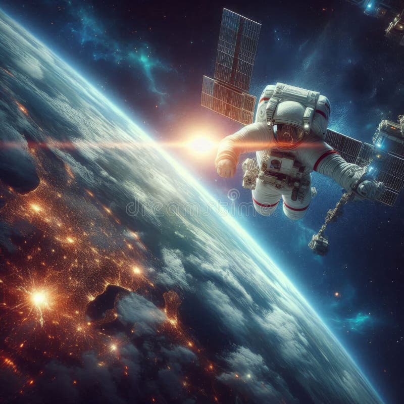 Space Explorer Orbiting Earth in Outer Space Stock Illustration ...