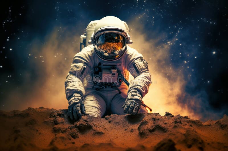 Space Explorer is Seen in a Sandy Landscape Against the Backdrop of ...