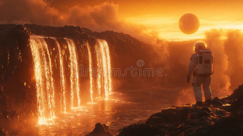 Astronaut Witnessing Fiery Waterfall on Alien Planet at Sunset Stock ...