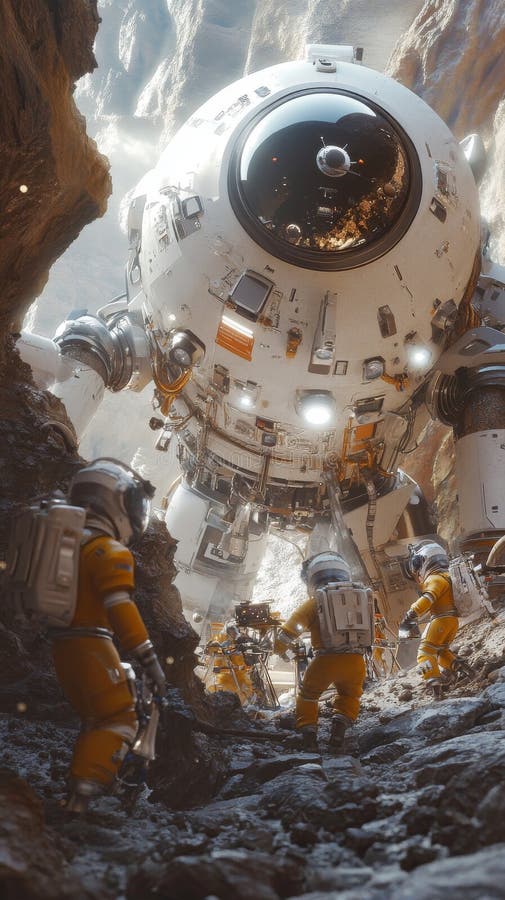 Space Explorers Uncovering Giant Robotic Structure in Cave Stock Image ...