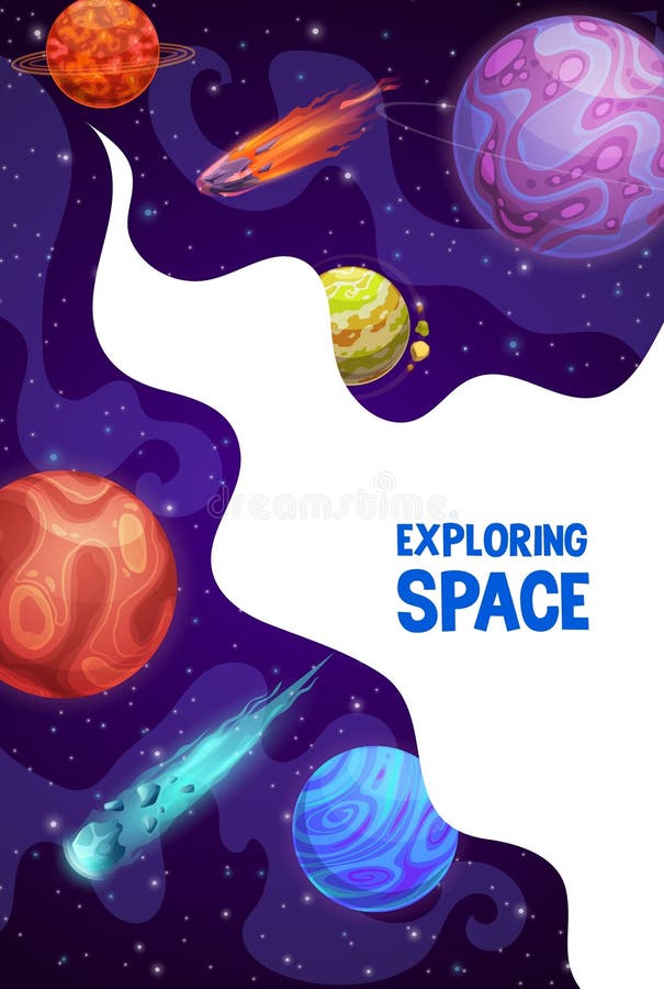 Space Exploring Poster with Planets and Asteroids Stock Vector ...