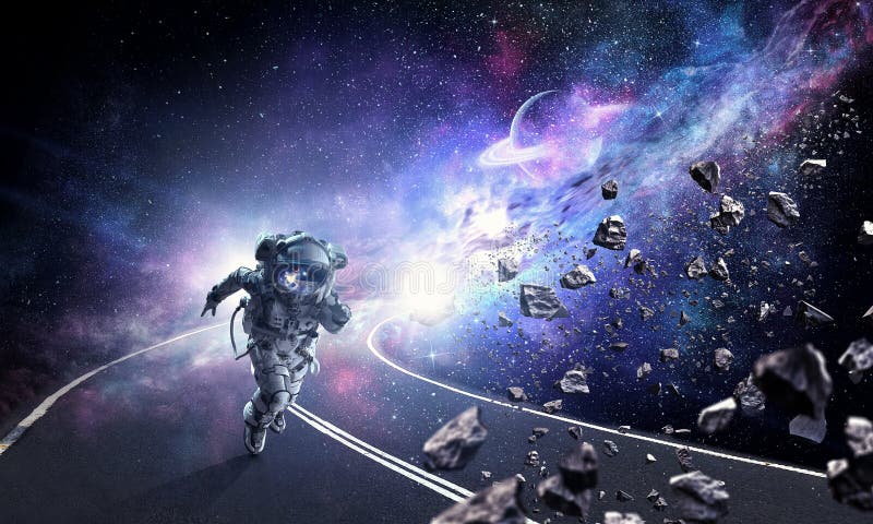 Running Spaceman and Galaxy. Mixed Media Stock Illustration ...