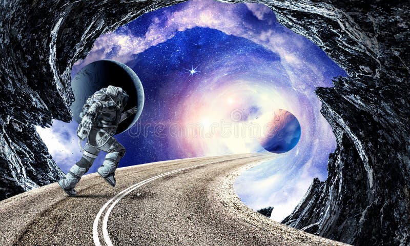 Running Spaceman and Galaxy. Mixed Media Stock Photo - Image of moon ...