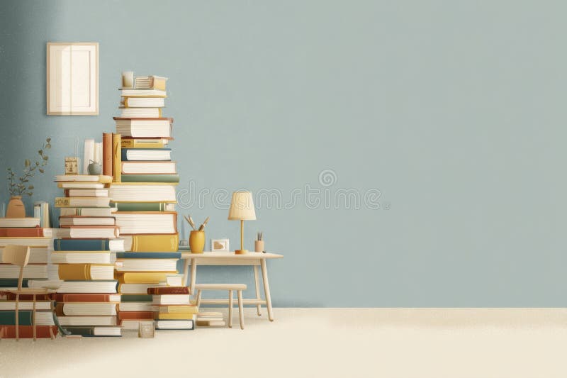 Cozy Home Library with Stacked Books and an Inviting Workspace for ...