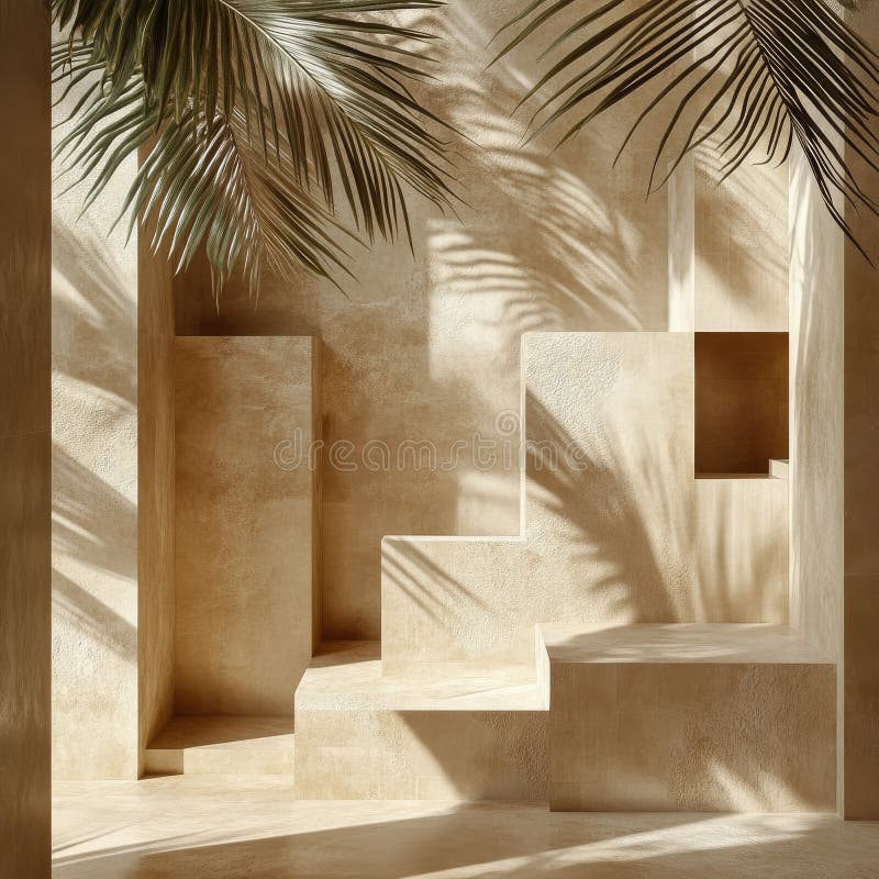 A Modern Sandy Interior with Textured Walls and Palm Shadows in a ...