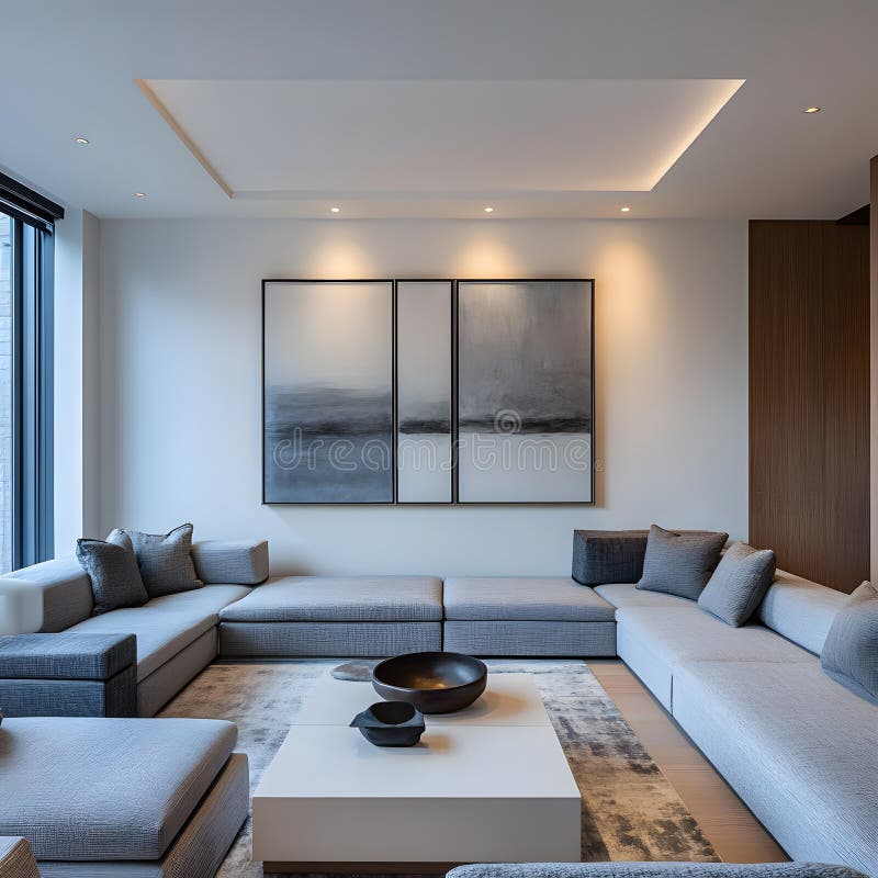 Space Featuring Clean Lines, Soft Natural Lighting, Modular Grey Sofa ...