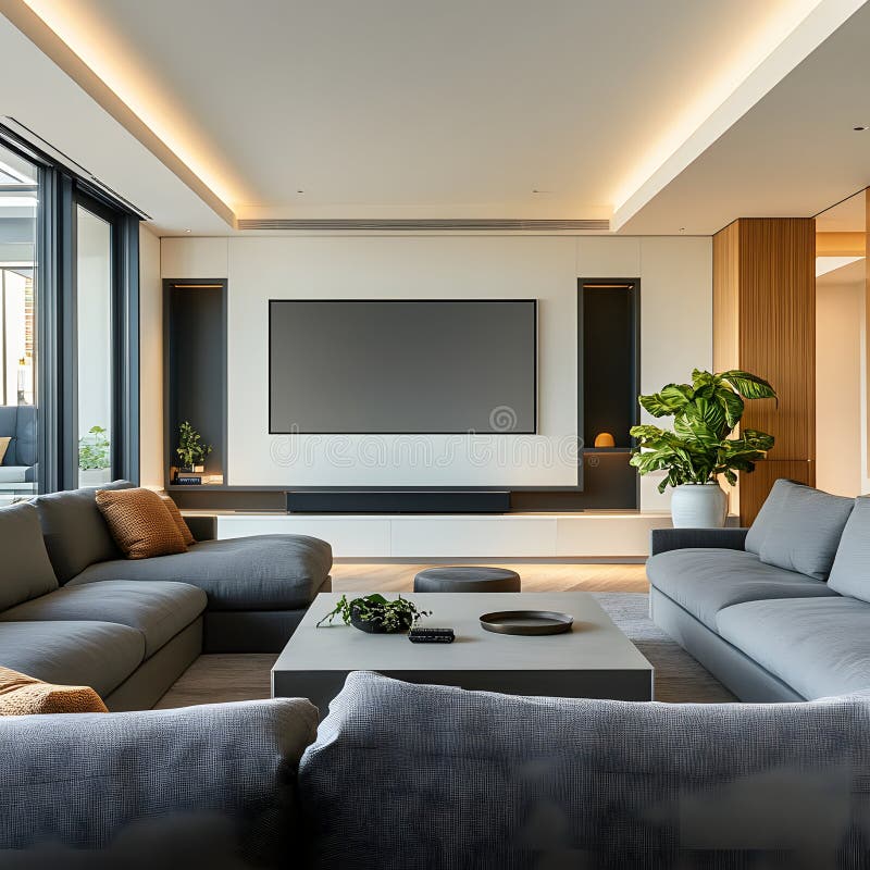 Space Featuring Clean Lines, Soft Natural Lighting, Modular Grey Sofa ...