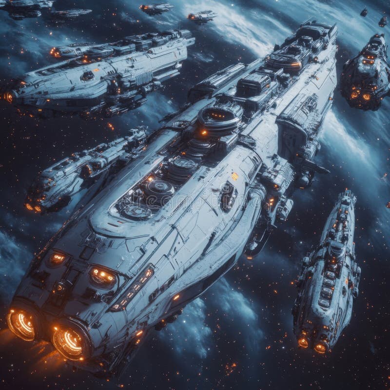 Space Fleet in Action with Futuristic Ships and Stellar Background ...