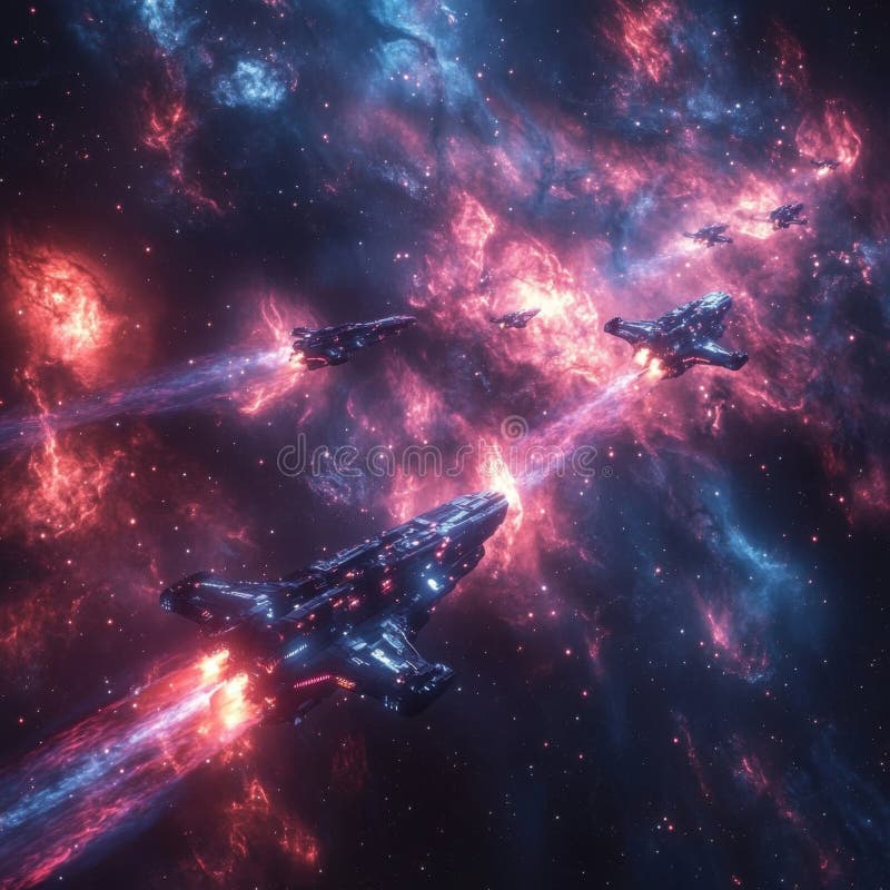Space Fleet Traveling through Colorful Nebula in Outer Space Stock ...