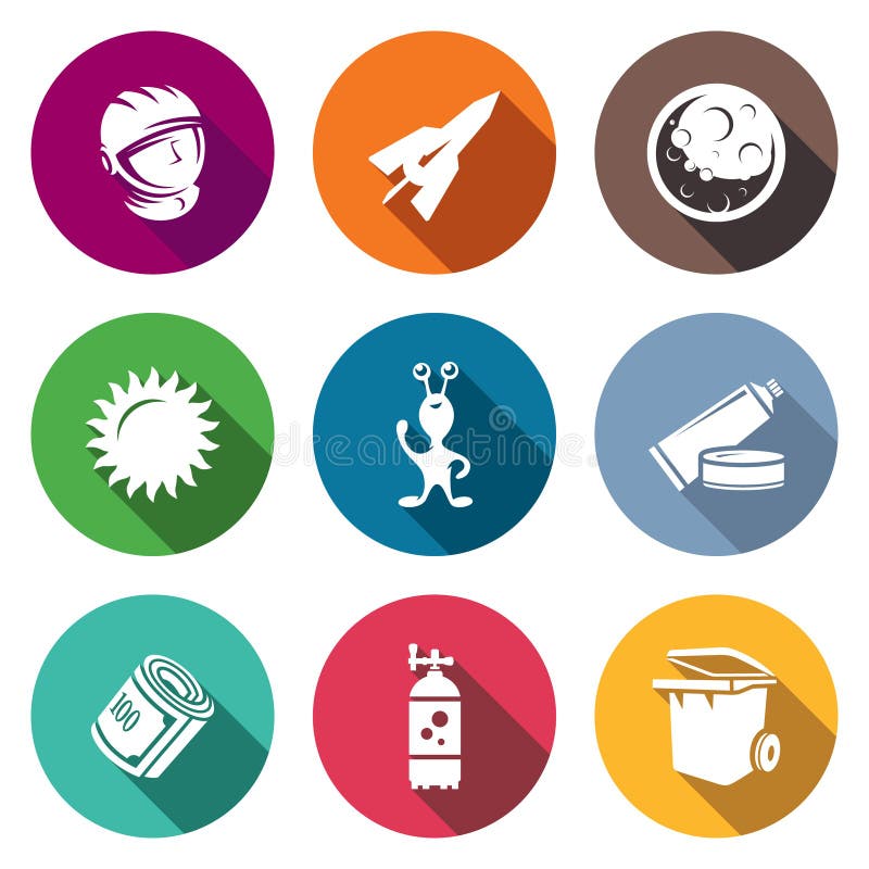 Vector Set of a Space Flight Icons. Spaceport, Outfit, Planet, Research ...