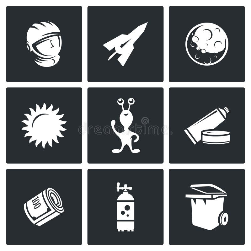 Vector Set of a Space Flight Icons. Spaceport, Outfit, Planet, Research ...