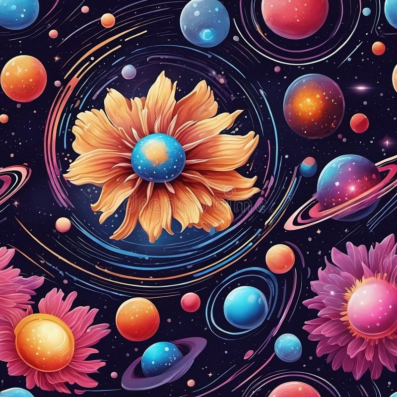 Space Flowers and Planets Seamless Pattern. Stock Illustration ...