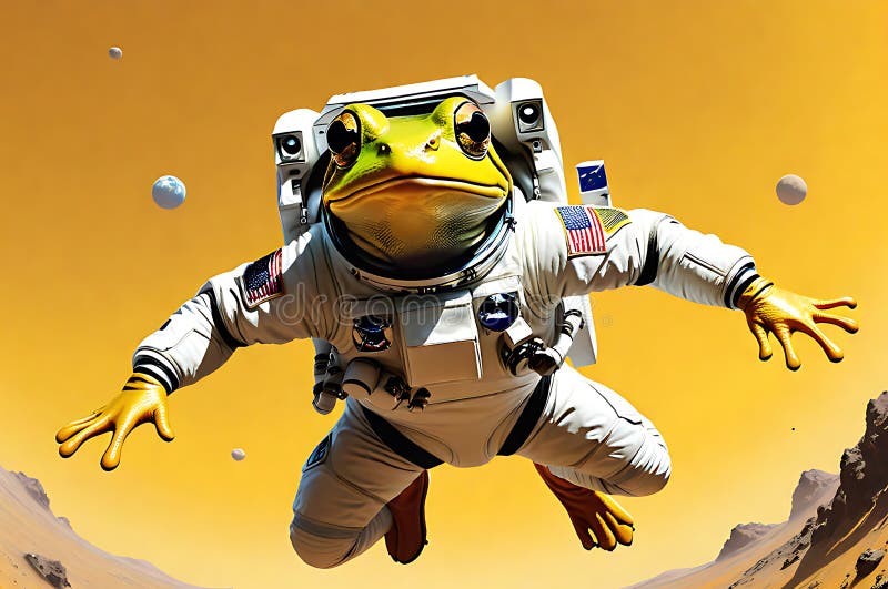 Space Frog in Astronaut Suit Hovering, Panoramic Shot, Vibrant Yellow ...