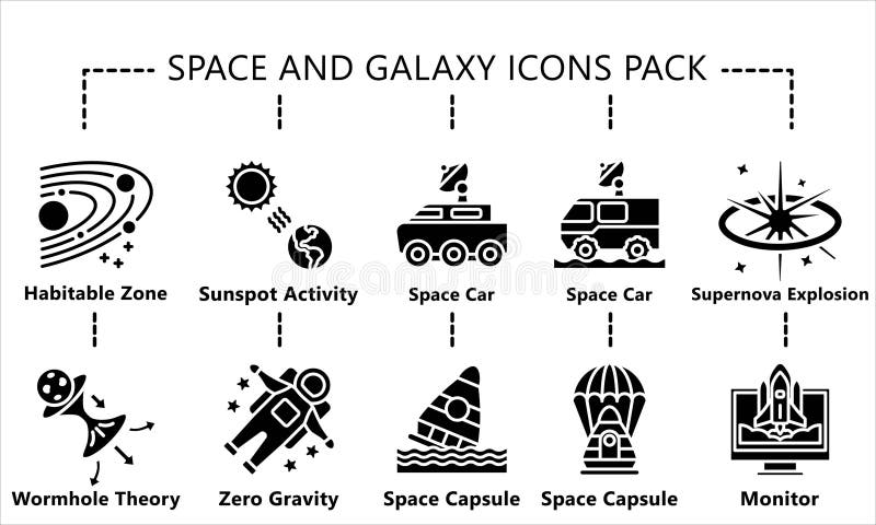 Space and Galaxy Glyph Icons Pack Stock Vector - Illustration of ...