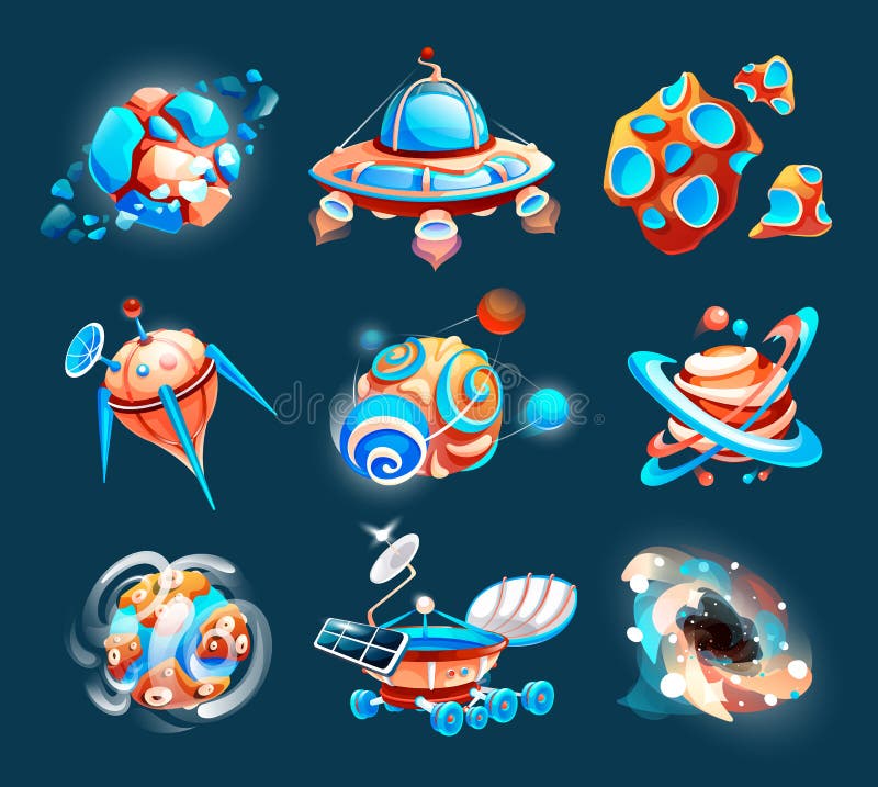 Space Game Elements, Rocket and Planets in Dark Blue Space. Cartoon ...