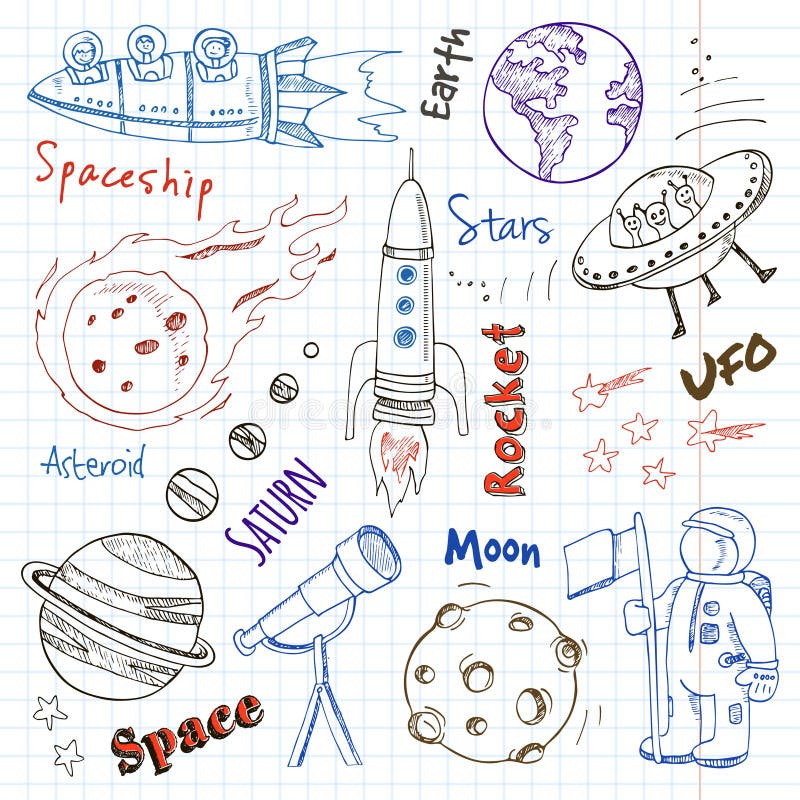Space Doodles Icons Set. Hand Drawn Sketch with Solar System, Planets ...