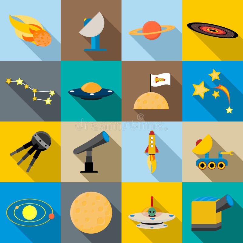 Space Icons Set, Flat Style Stock Vector - Illustration of light ...