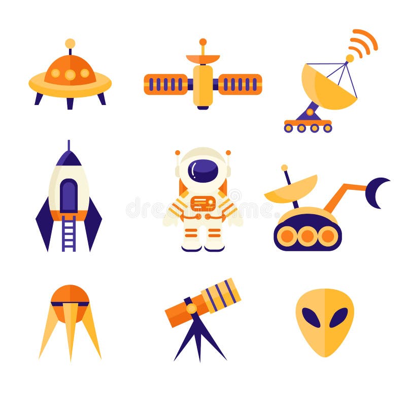 Vector Set of a Space Flight Icons. Spaceport, Outfit, Planet, Research ...
