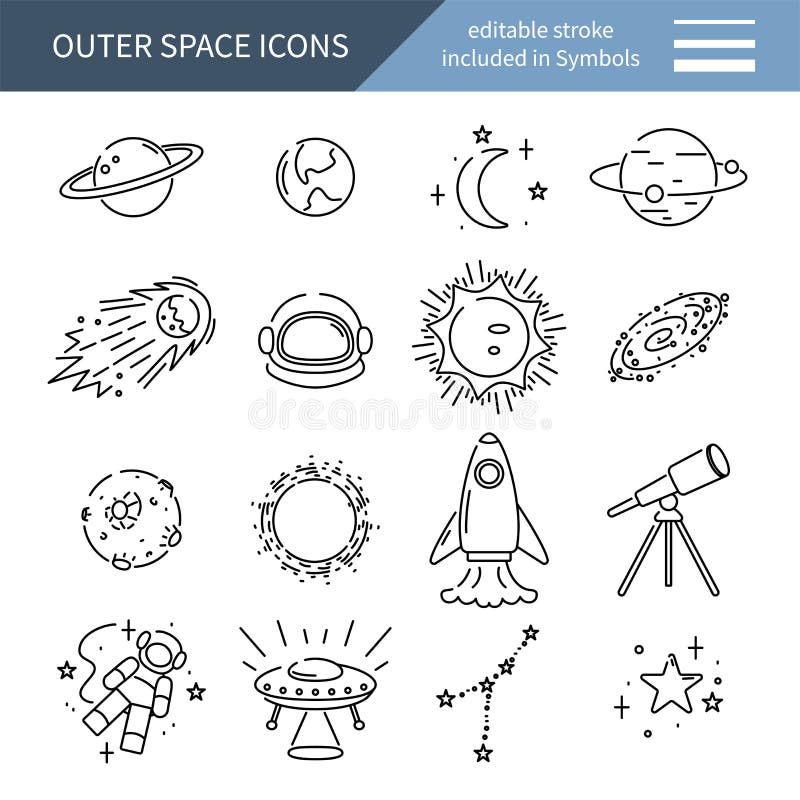 Space Icons Set Minimalistic Collection Of Astronomy Symbols And