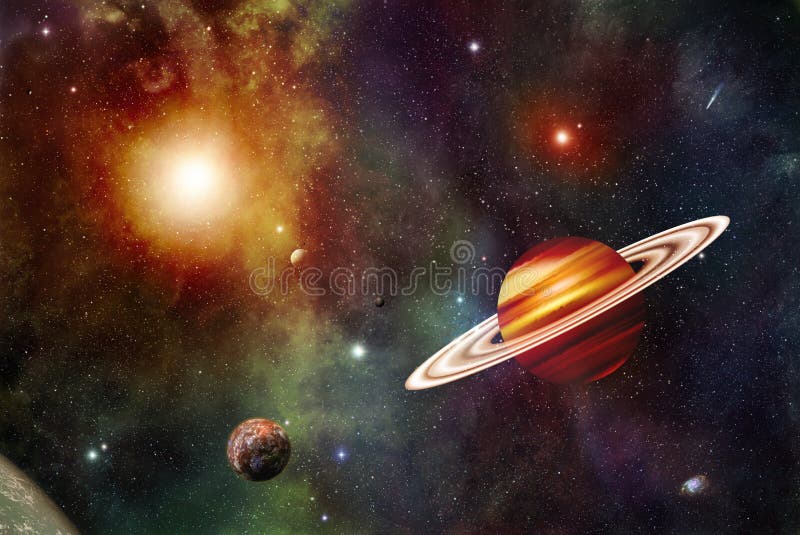 Space Illustration with Ringed Planet Stock Illustration - Illustration ...