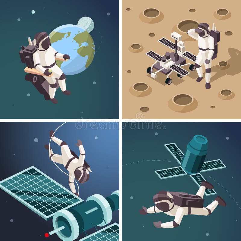 Space Illustrations. Astronauts Outdoor Planet Surface Space Orbit ...