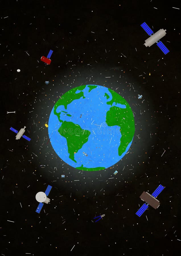 Space Junk (pollution) Orbiting Earth Stock Illustration - Illustration ...
