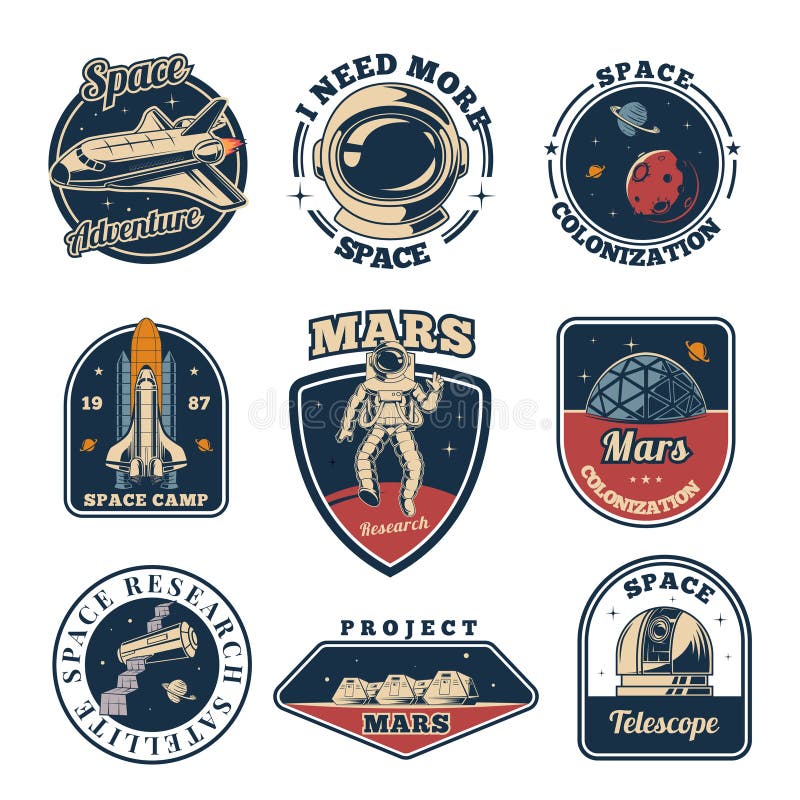 Space Labels. Universe Emblems Astronaut Space Exploration Science with ...