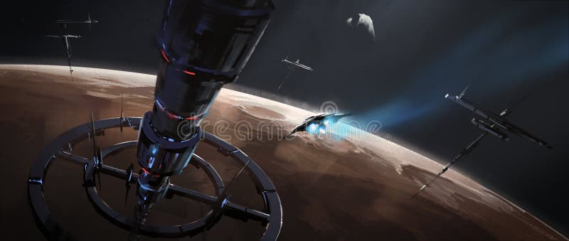 Space Ladder Over Mars, Science Fiction Painting, 3d Illustration Stock ...