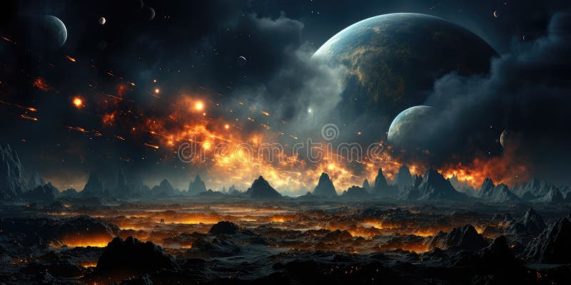 Space Landscape Alien Planet. Exploding Galaxy with Meteors and Clouds ...