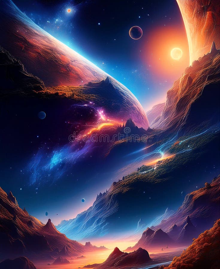 Space Landscape with Bright Colors and Glowing Objects, Art Space ...