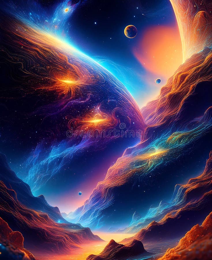 Space Landscape with Bright Colors and Glowing Objects, Art Space ...