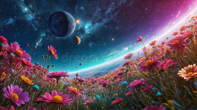 Space Landscape among a Flower Field Stock Image - Image of flower ...