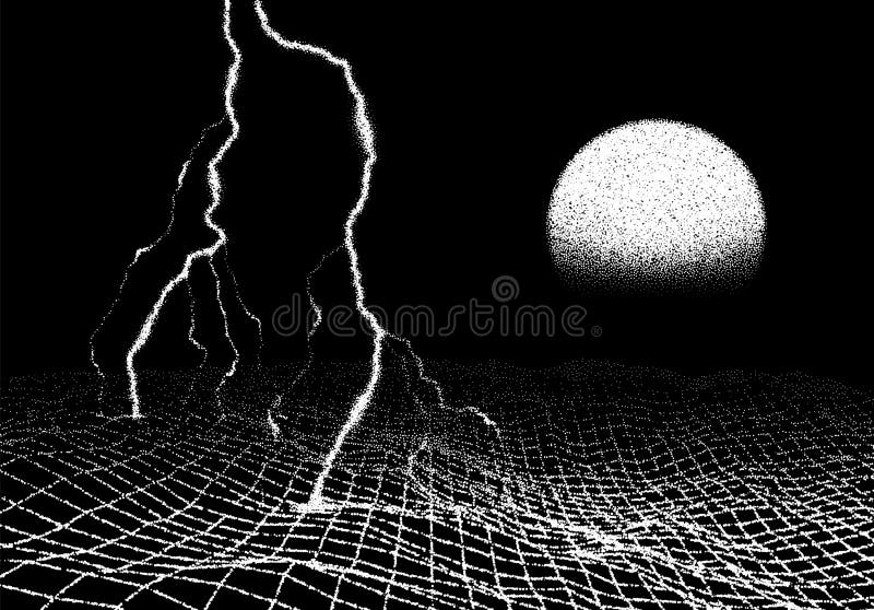 Space Landscape with Lightning Strike in Retro Book Style. Dotwork ...