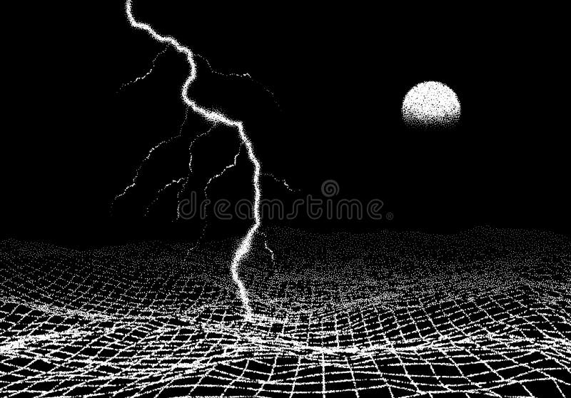 Space Landscape with Lightning Strike in Retro Book Style. Dotwork ...