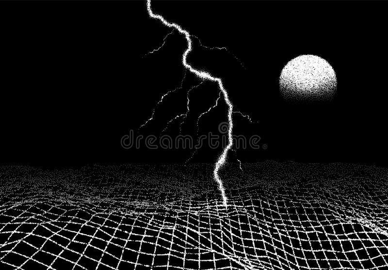 Space Landscape with Lightning Strike in Retro Book Style. Dotwork ...