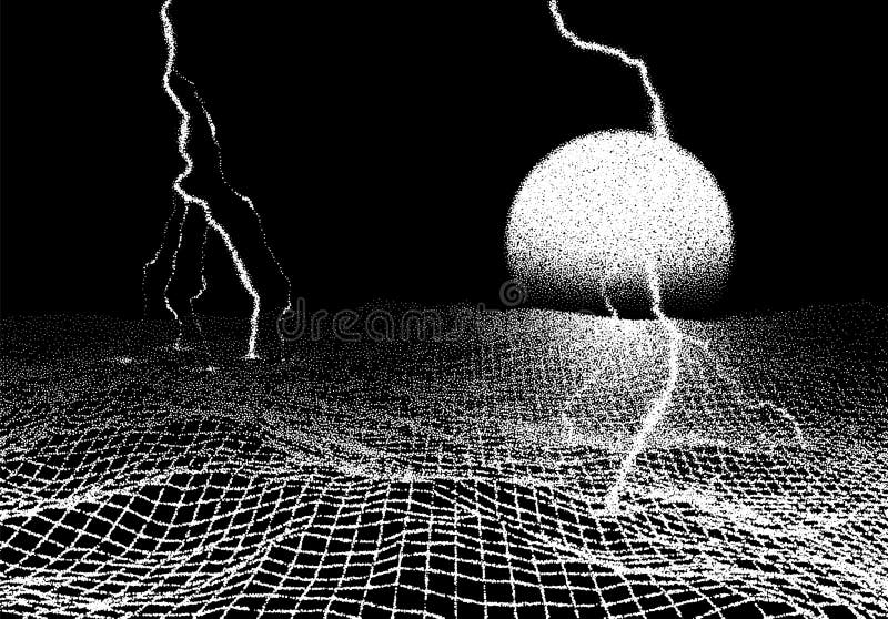 Space Landscape with Lightning Strike in Retro Book Style. Dotwork ...