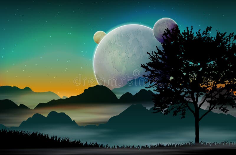 Night Landscape with Trees, Mountains and Full Moon. Vector ...