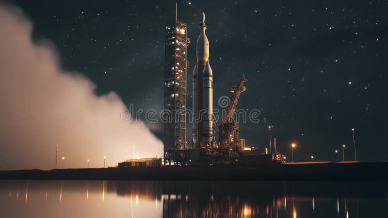 Space Launch System Rocket on Launchpad at Night with Starry Sky Stock ...
