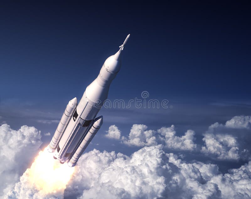Space Launch System Takes Off in the Blue Sky Stock Illustration ...