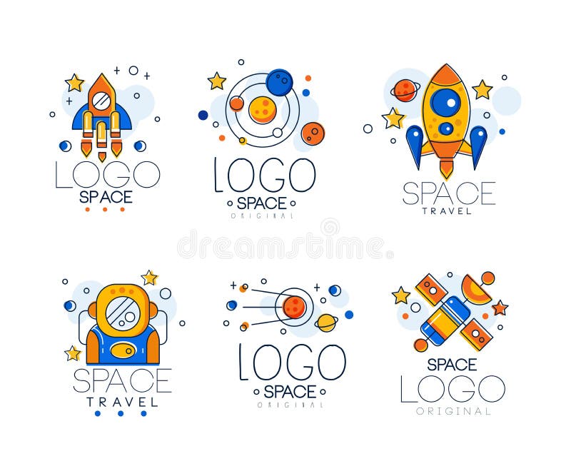 Space Logo with Astronaut, Rocket and Satellite with Planets Line ...