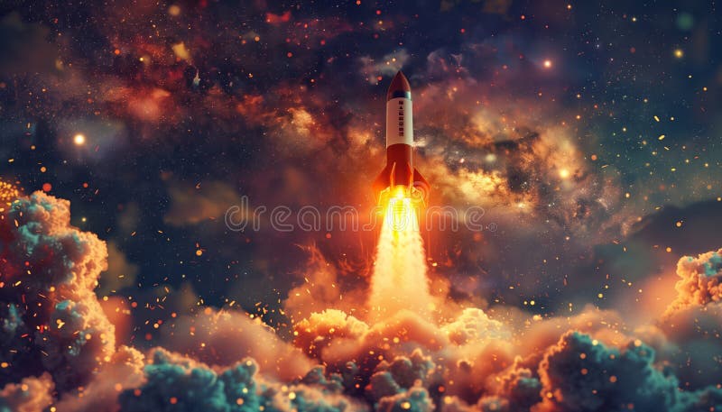 Space Modern Technology Rocket Launching into Night Starry Sky for ...