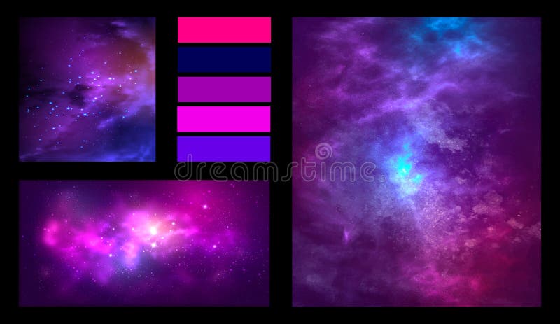 Space Moodboard Collage of Vector Illustrations. Purple Galaxy Layout ...