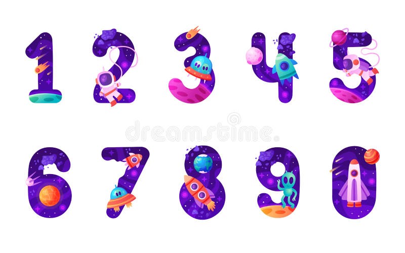 Space Numbers and Cosmic Numeral with Shuttle and Planet Vector Set ...