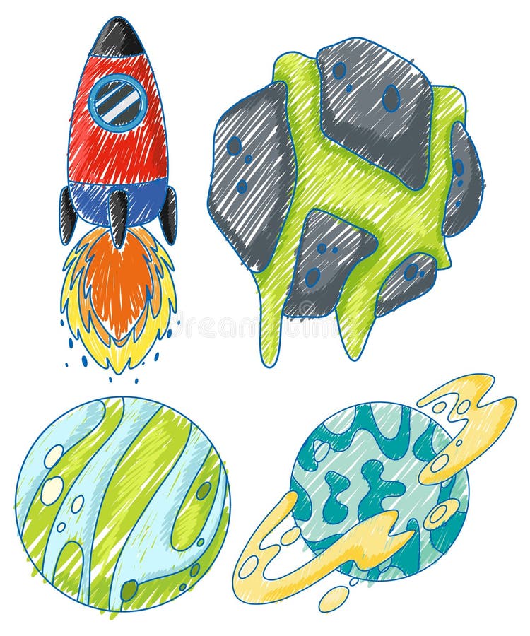 Space Objects in Pencil Colour Sketch Simple Style Stock Vector ...