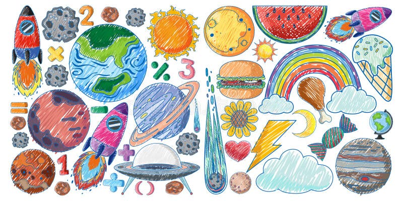 Space Objects in Pencil Colour Sketch Simple Style Stock Vector ...