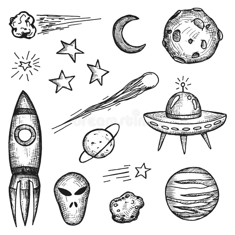 Space Objects Set Vector Sketches Stock Vector - Illustration of doodle ...