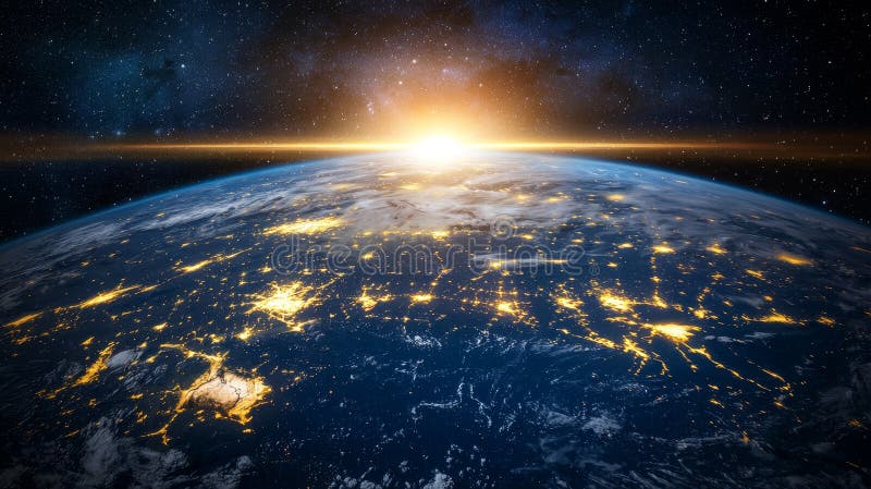 From Space, a Panoramic View of Planet Earth. Light Clouds and Glowing ...